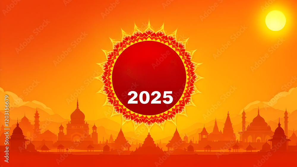 Saffron and orange silhouette of temples and religious architecture ...