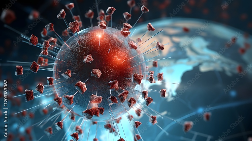 Magnified view of a virus particle hovering over a map of Asia ...