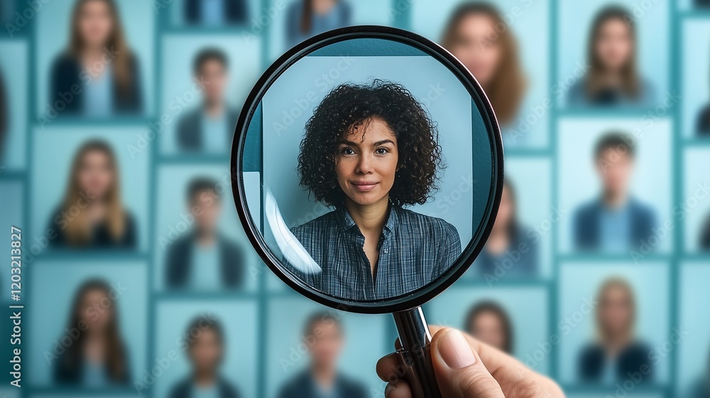 Magnifying glass highlights new talent among employee portraits. Stock ...