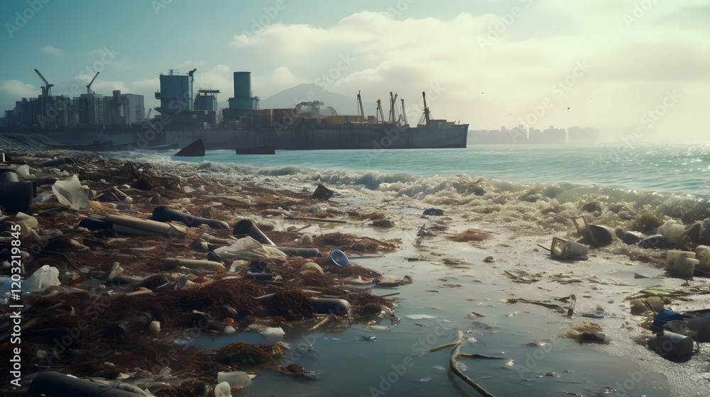 Polluted beachfront covered in plastic waste oil spills and other ...