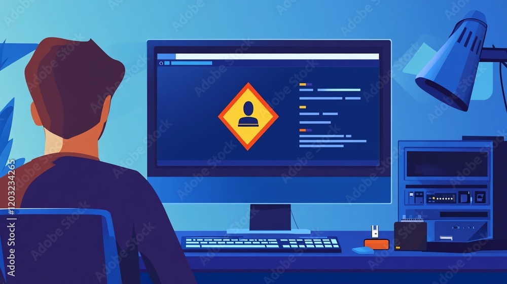 Programmer working on user profile code, shown from behind. Stock ...