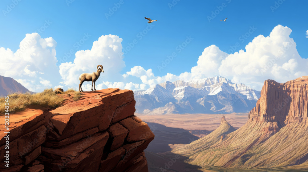 majestic ram stands on rocky cliff, overlooking vast mountainous ...