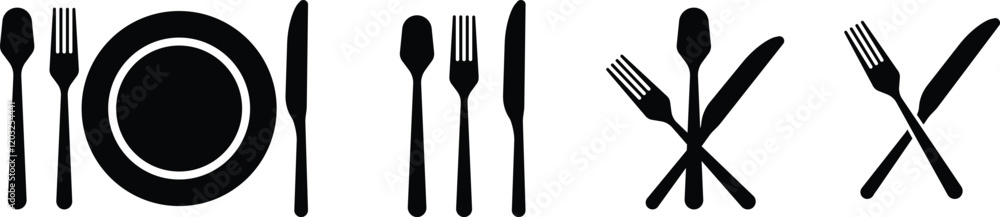 Cutlery plate icon set. Place Setting Paper Plate, Plastic Fork, Spoon ...