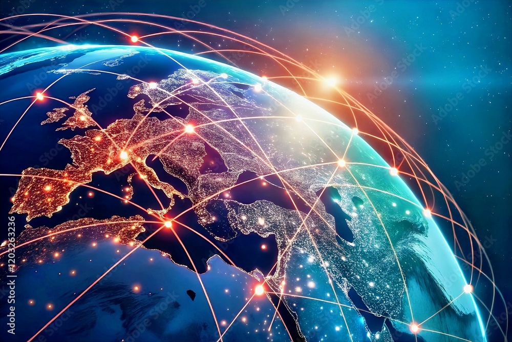 Global Network: A mesmerizing abstract visualization of a connected world. The Earth is depicted ...