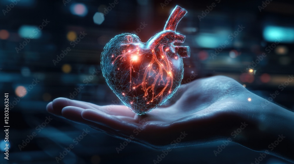 A futuristic 3D human heart model in a doctor hand, with pulsating ...