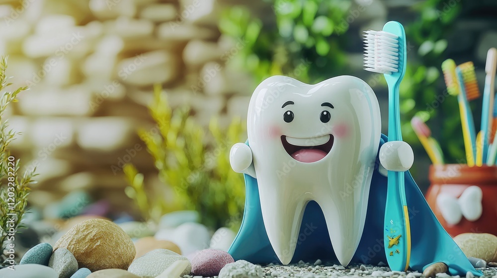 Dental hygiene fun with a cartoon tooth character playful setting ...