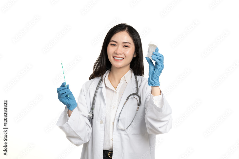Doctor hand wear blue gloves holding liquid base cytology set isolate ...