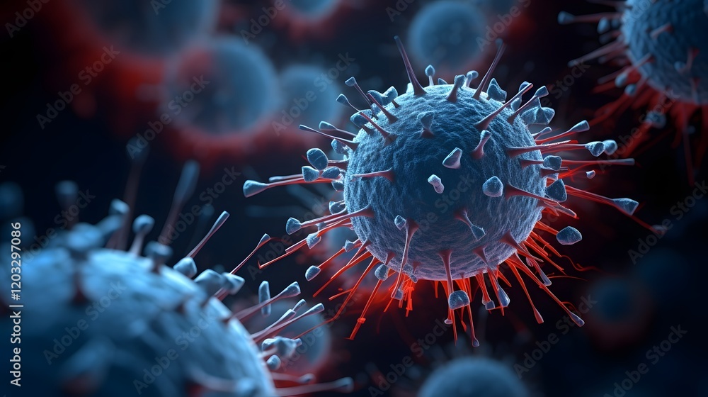 High magnification close up view of a virus particle labeled as HMPV ...