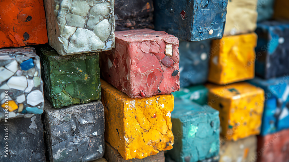 Various blocks made from recycled materials are stacked in vibrant ...
