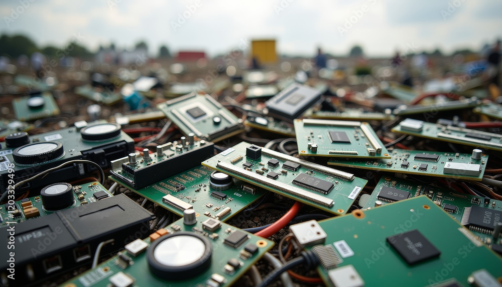 Electronic waste scattered across the ground revealing a tangled blend ...
