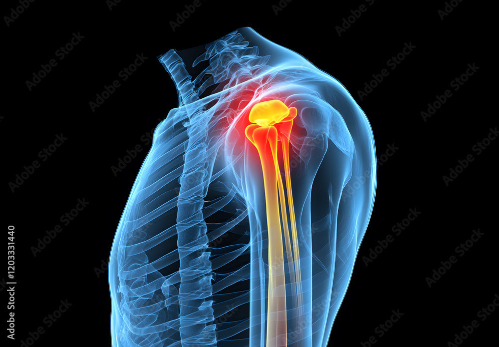 An anatomical illustration of the human shoulder joint in X-ray view ...