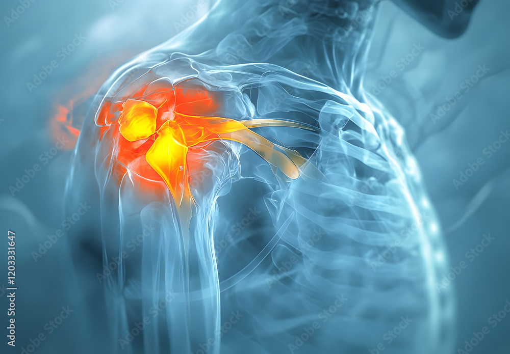 An anatomical illustration of the human shoulder joint in X-ray view ...