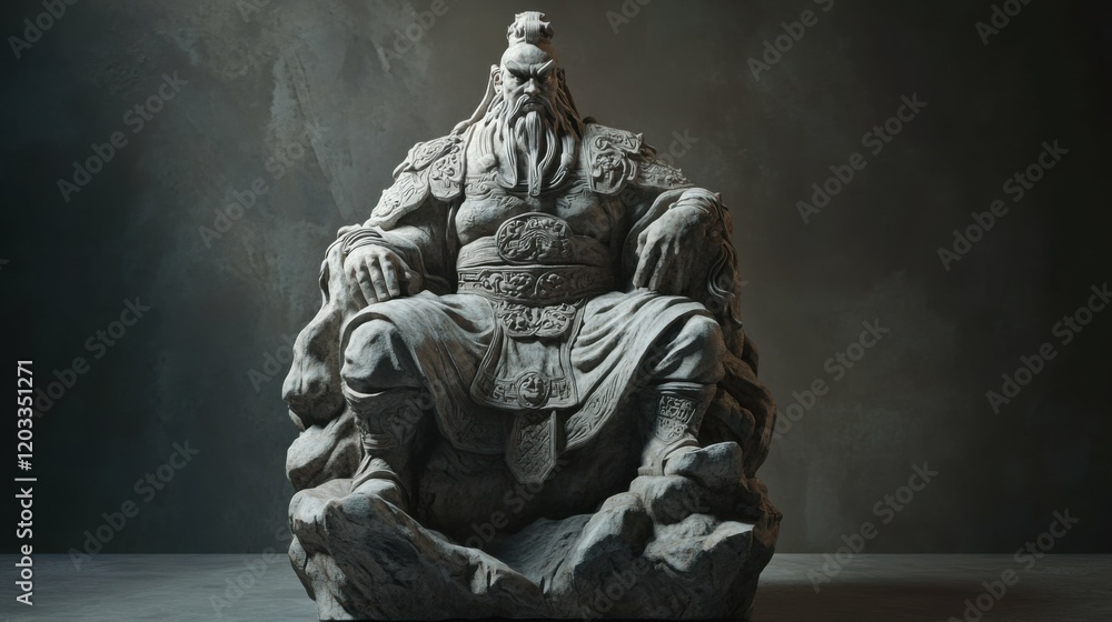 massive stone statue of ancient warrior, dramatic lighting, rich ...
