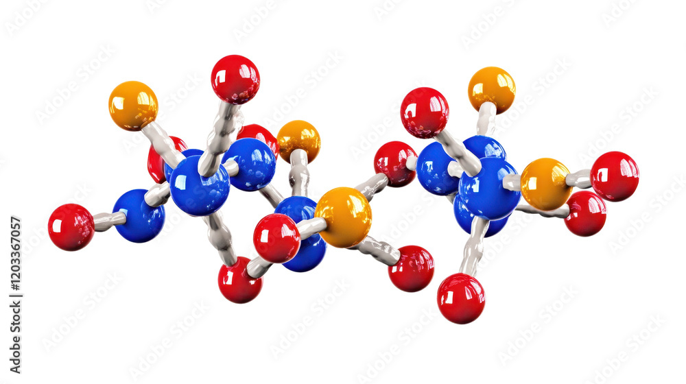 3D render of a molecular structure with atoms, including carbon, oxygen ...