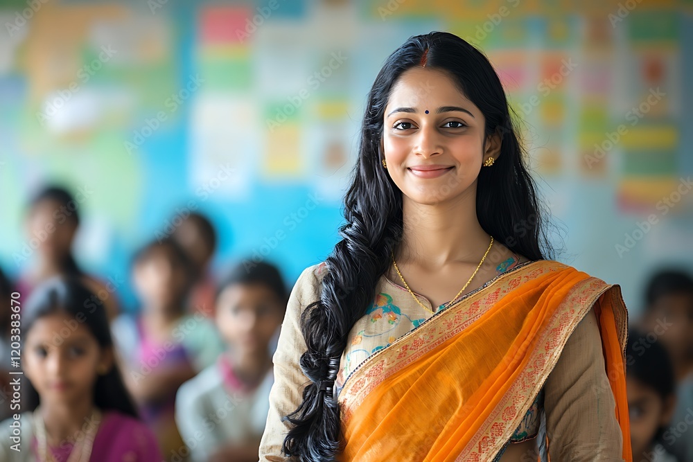 Indian sari-clad teacher in classroom Stock Photo | Adobe Stock