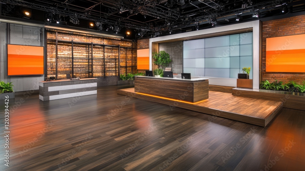 A modern studio set designed for news broadcasts, featuring a sleek ...