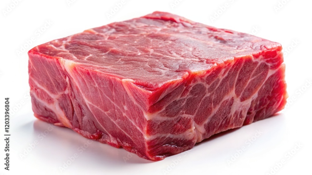 Long exposure reveals the marbled detail of a square-cut raw beef steak ...