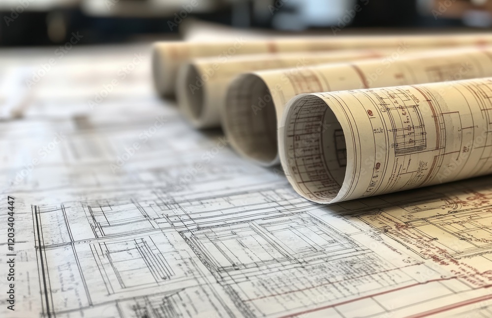 Architectural Blueprints and Drafts Displayed on a Table, Featuring ...