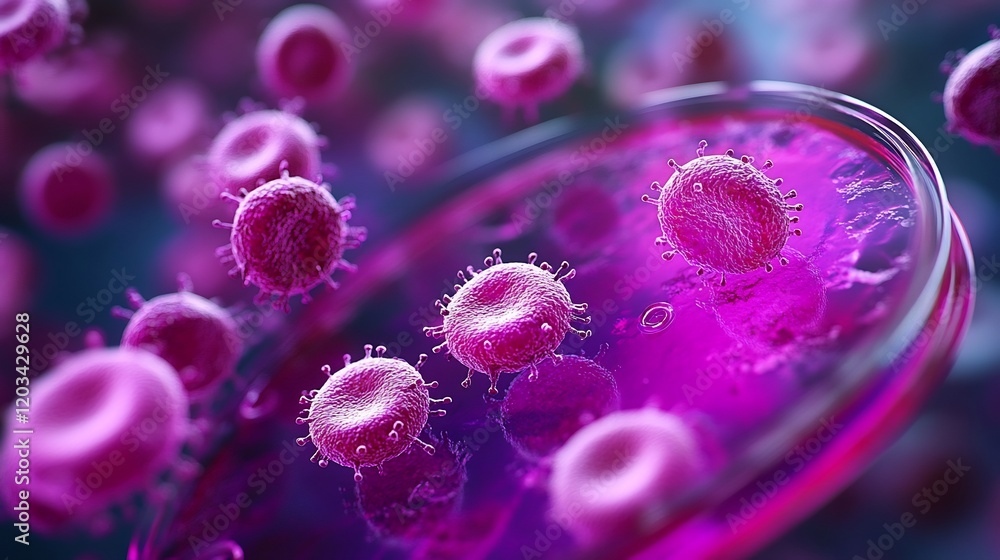 Vivid purple microscopic view of petri dish showcasing a thriving ...