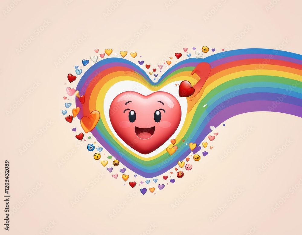 Ilustración de Stock Rainbow heart with a happy heart emoji and small ...