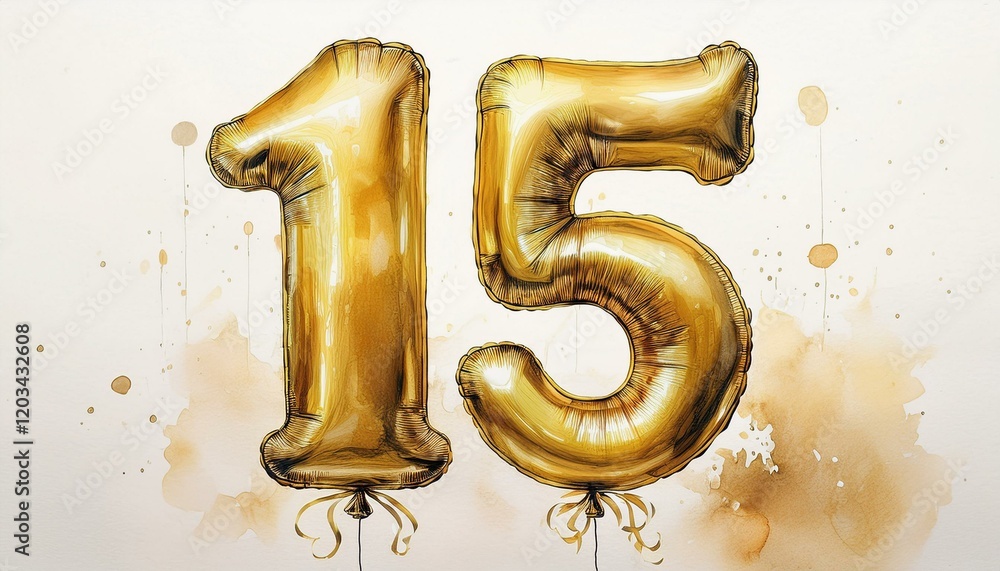 Gold birthday / anniversary party balloon, number 15, watercolor ...