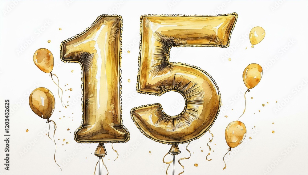 Gold birthday / anniversary party balloon, number 15, watercolor ...