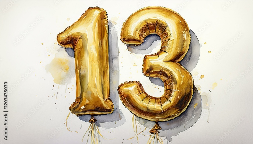 Gold birthday / anniversary party balloon, number 13, watercolor ...
