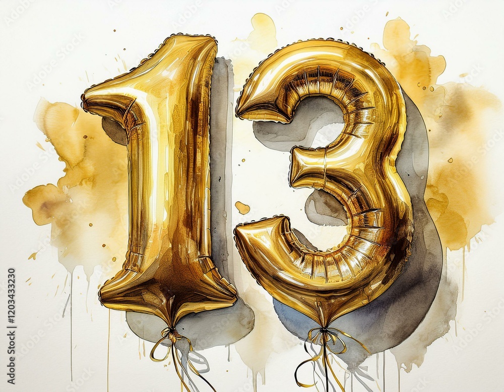 Gold birthday / anniversary party balloon, number 13, watercolor ...