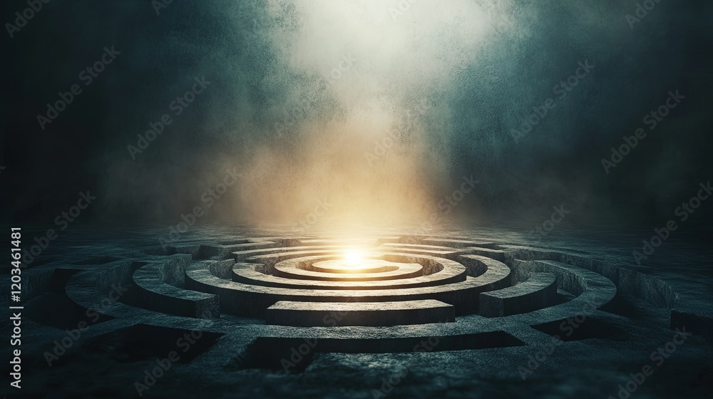 Luminous Labyrinth Journey, a surreal maze leading to a glowing exit, representing the quest for ...