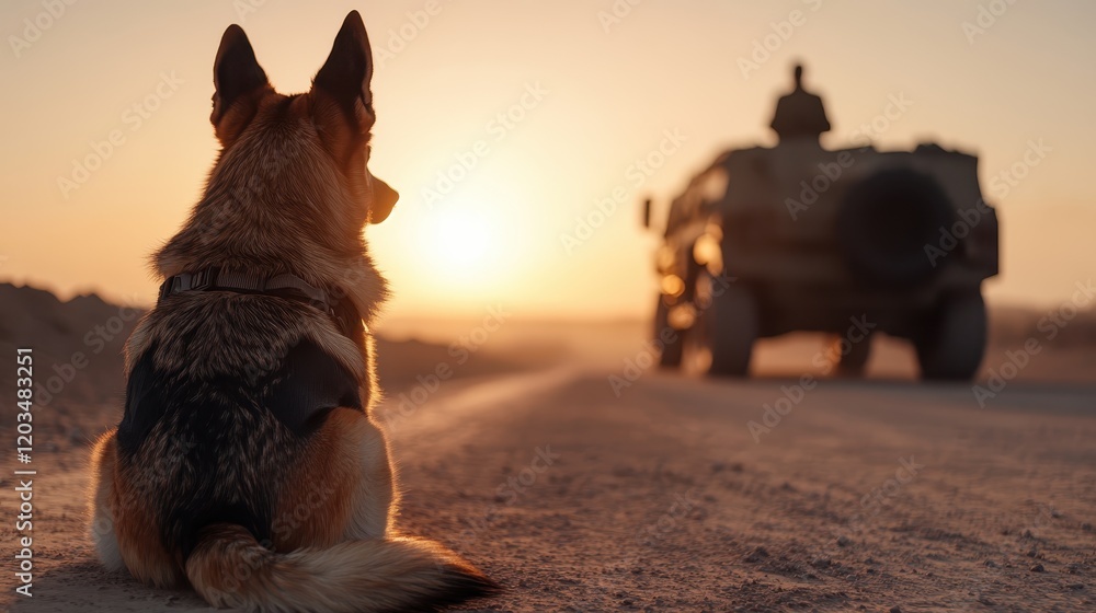 The image shows a dog observing an armored vehicle moving on a dusty ...