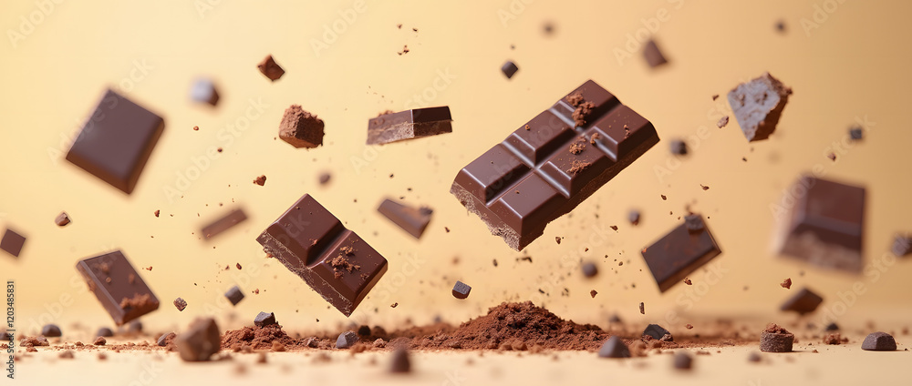 Chunks of dark chocolate bars are suspended in mid-air, surrounded by ...
