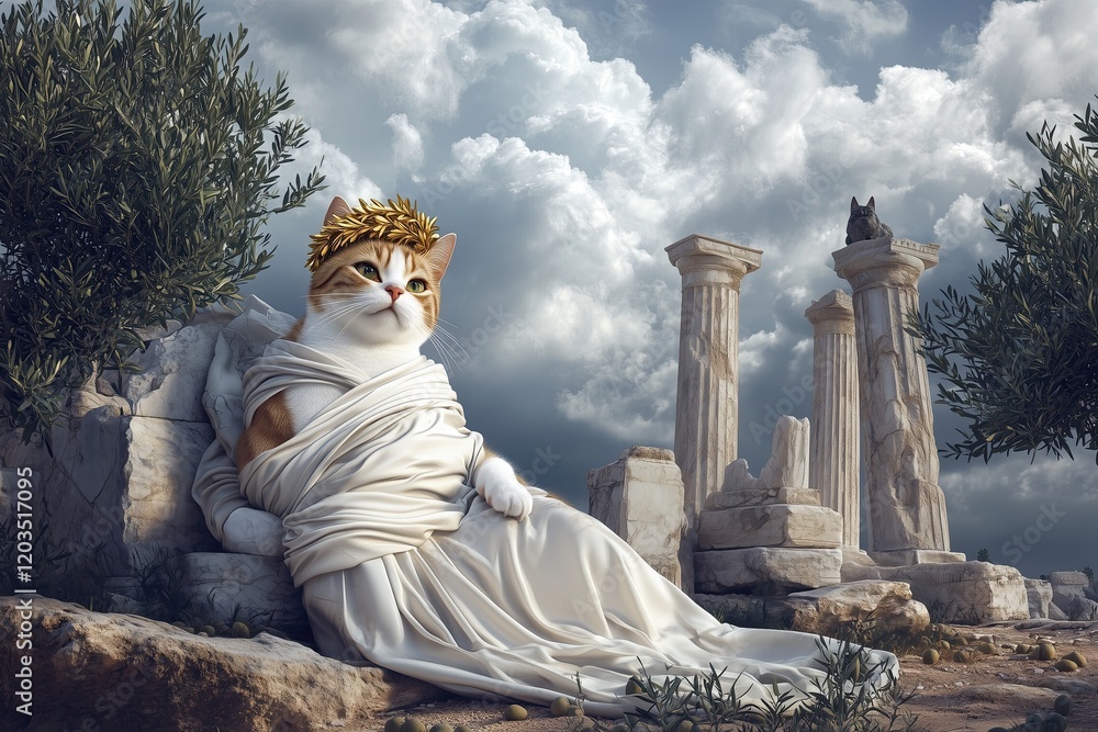 Greece anthropomorphic Greek cat dressed in a flowing white toga and ...