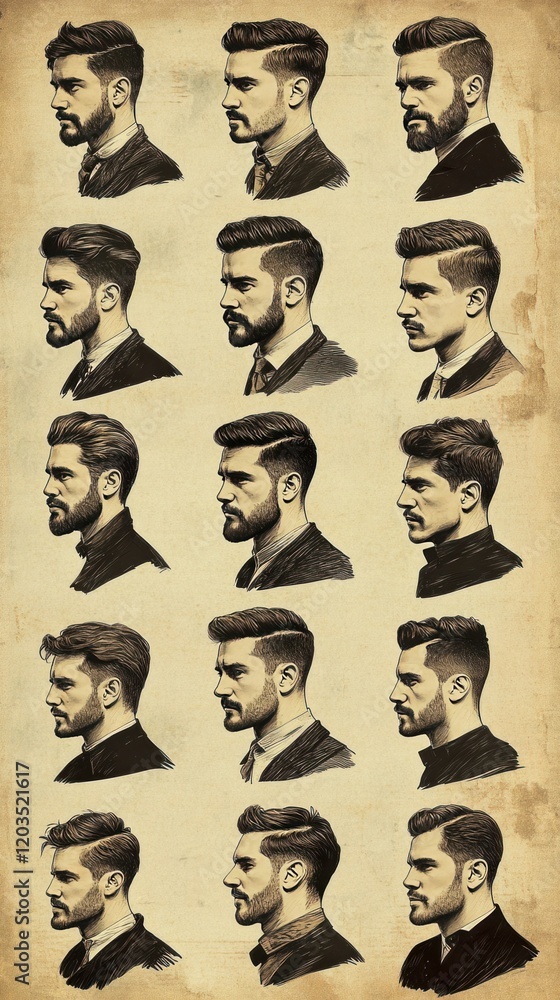 Vintage-inspired poster featuring a variety of mens hairstyles, sharp ...