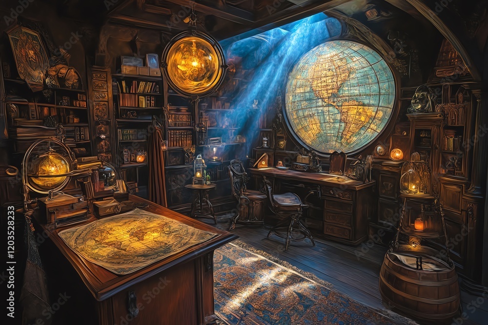 Mystical study with antique globes, maps, books, and a circular window ...