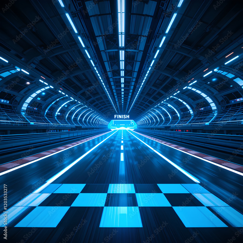 Illuminated asphalt racing track finish line at night with motion blur ...
