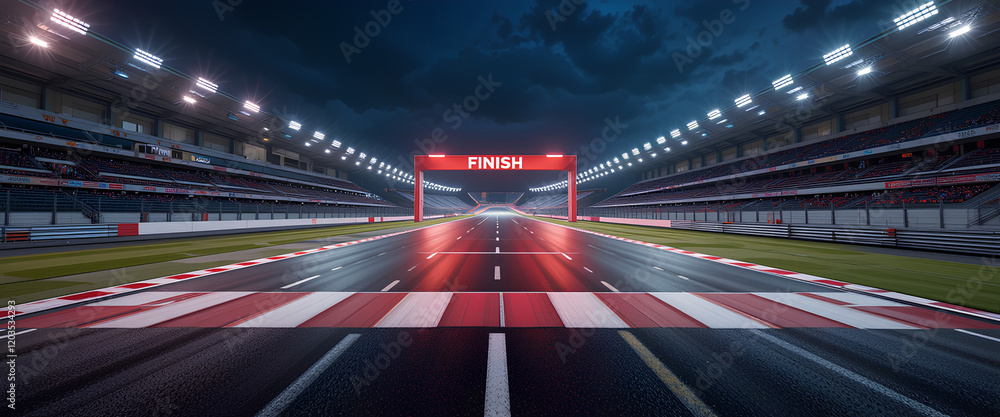 Illuminated asphalt racing track finish line at night with motion blur ...