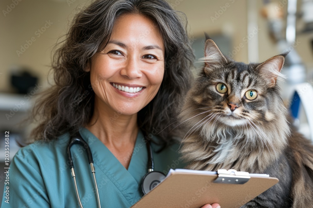 Mature asian veterinarian smiling, holding clipboard and fluffy cat ...