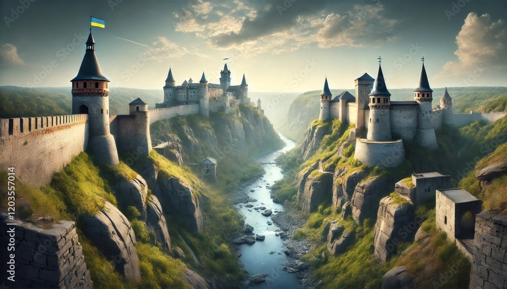 Ukrainian flag waving over medieval castle overlooking canyon and river ...