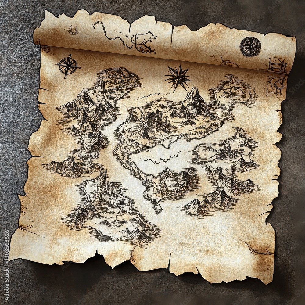 Ancient Treasure Map: A detailed hand-drawn map on aged parchment ...