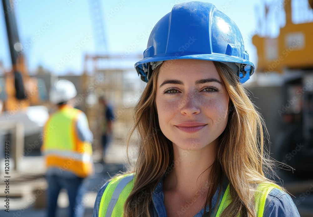 Confident Female Construction Worker Smiling at Building Site with Hard ...
