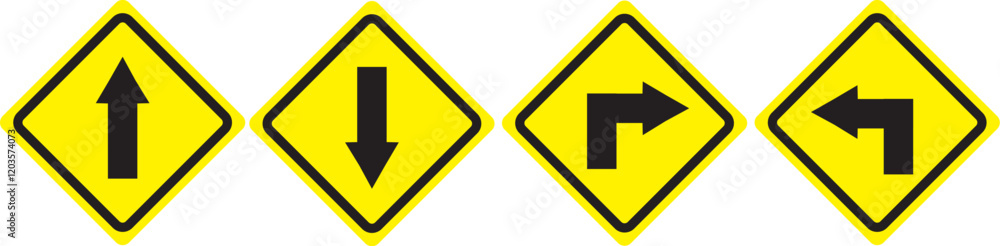 Traffic warning signs, go straight, turn right, turn left, traffic ...