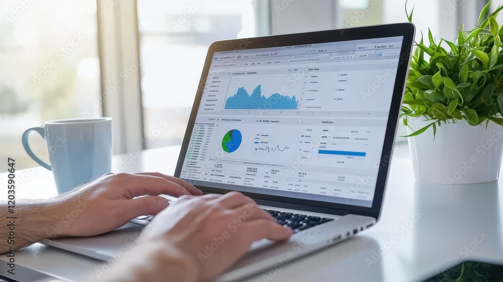 Hands typing on a laptop displaying data charts and graphs, symbolizing business analysis ...