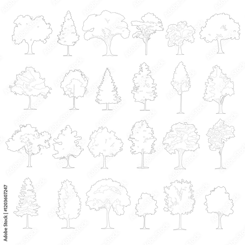 Cad trees elevation, set of trees, vector trees, linear silhouettes ...