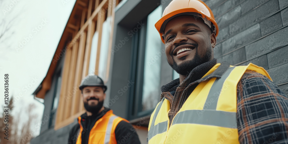 Two construction workers wearing safety helmets and vests happily pose ...