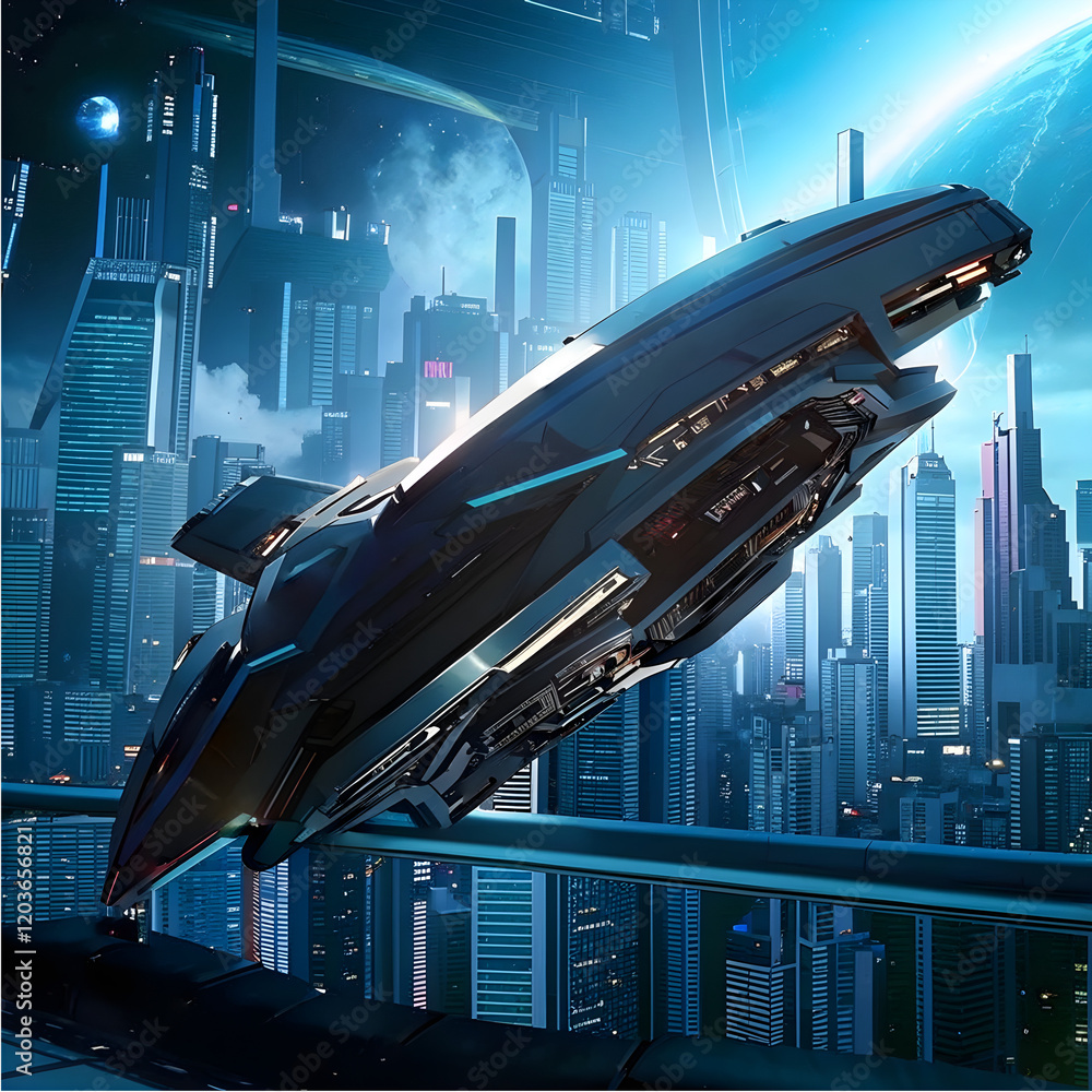 A sleek futuristic spaceship flies above a sprawling city of tall ...