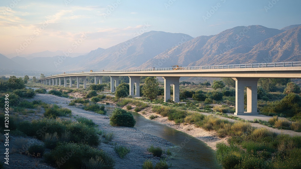 Wildlife bridge construction connecting habitat points with a river ...