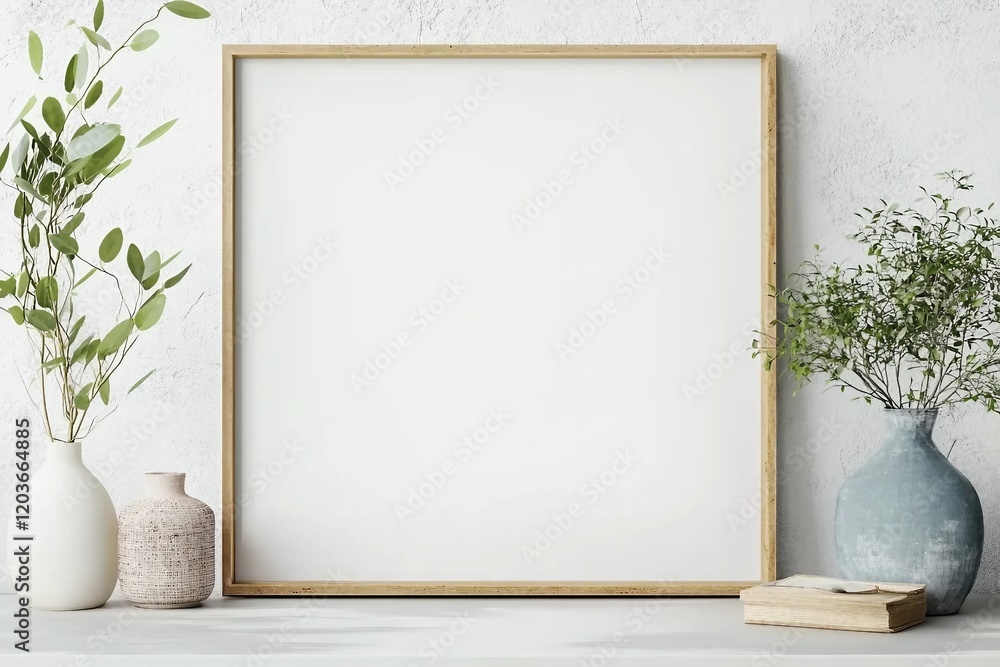 Interior poster mock up with horizontal metal frame and plants in vase ...