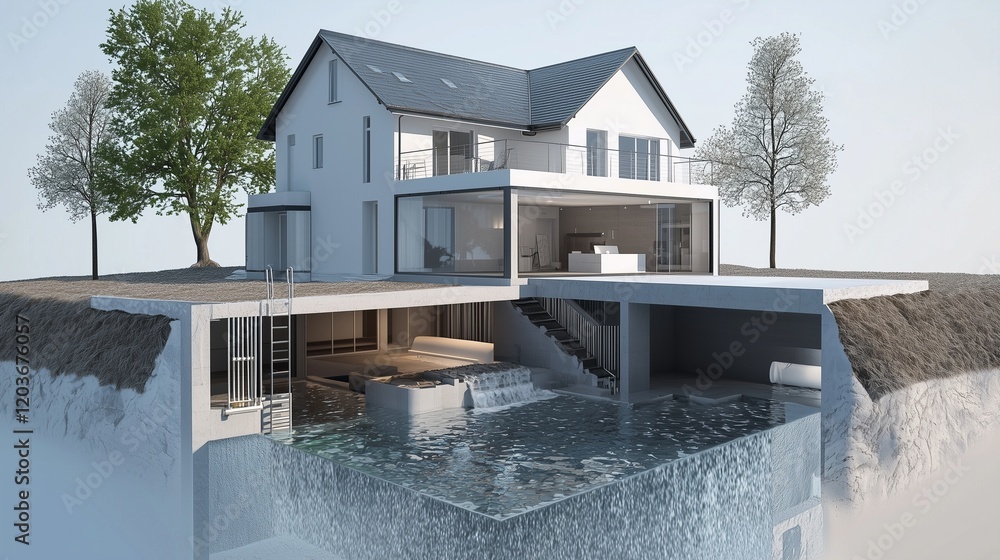Cross-section of house showing water intrusion in basement ...