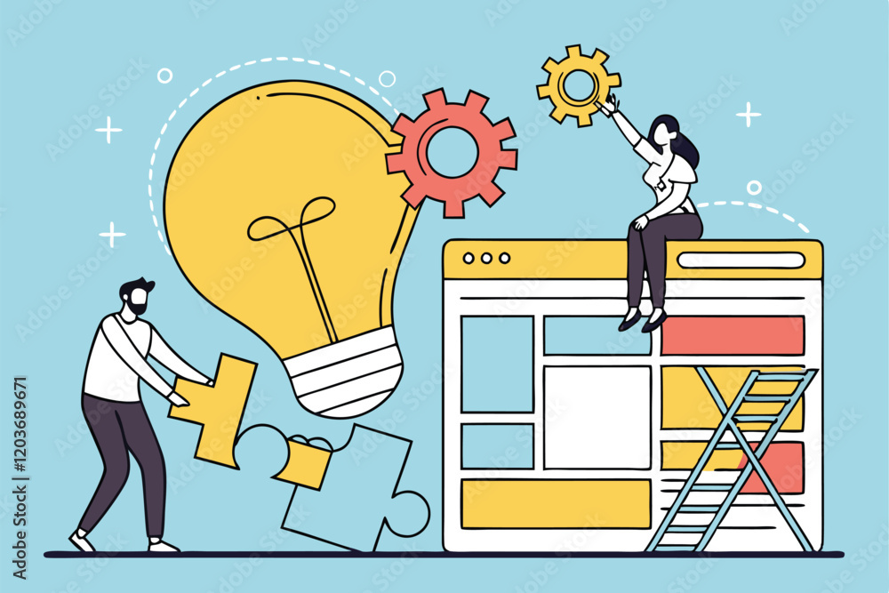 Stylized illustration, teamwork concept, giant yellow lightbulb, puzzle ...