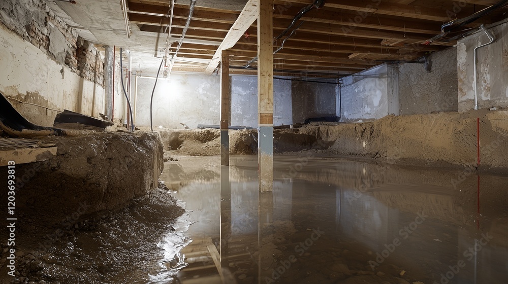 Flooded basement with standing water, exposed beams, and concrete walls ...